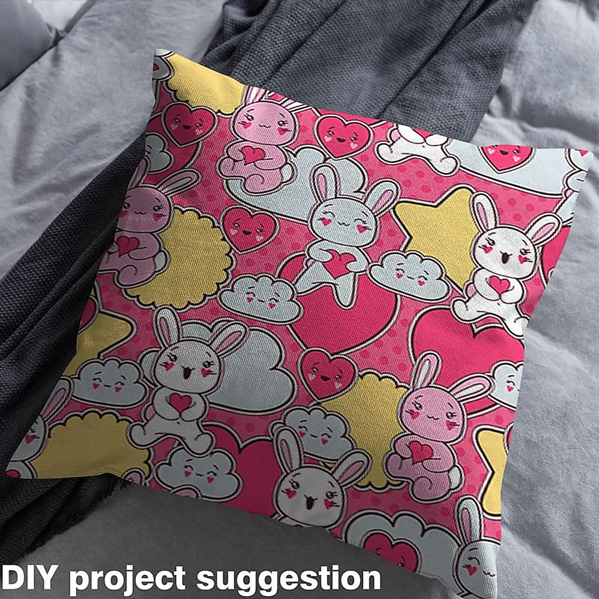 Feelyou Cartoon Rabbits Fabric by The Yard, Cute Pink Bunnies Kids Theme Illustration Fabric for Chairs and Home DIY Projects, Heart and Clouds Pattern Decorative Waterproof Fabric, 1 Yard