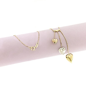 Lucchetta - Tri-Gold 3 Puffed Family Hearts Necklace, White Rose Yellow Gold Heart, Tiny Gold Chain 16+2 Inch - Gift Ready Box