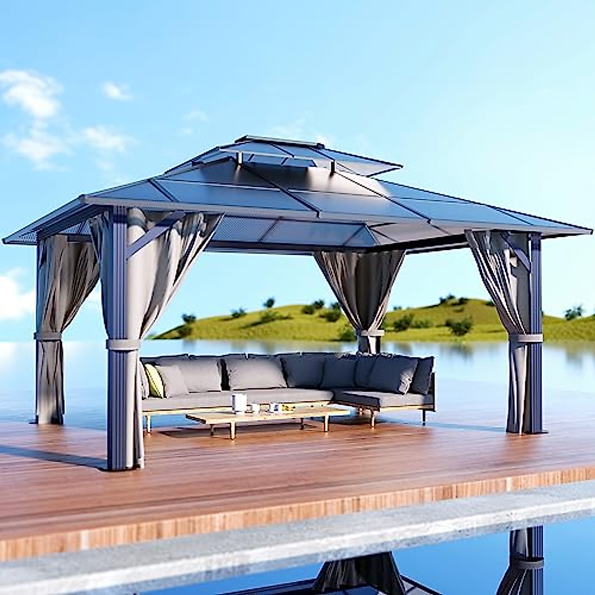 VEIKOU 10' x 13' Gazebo, Hardtop Gazebo w/Aluminum Frame & Polycarbonate Double Roof, Patio Gazebo with Netting and Curtains, Heavy-Duty Pergolas and Gazebos for Backyard, Deck and Lawns