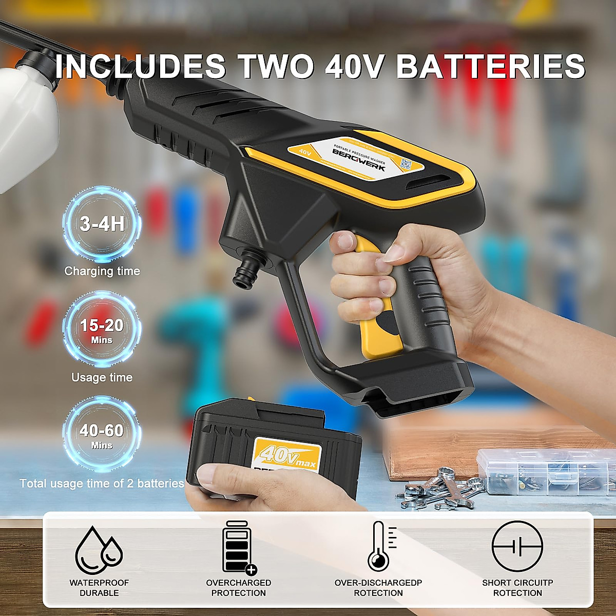 BERGWERK Cordless Power Cleaner 40V Portable Power Washer with 2pcs Batteries Power Cleaner, Working Pressure 520PSI for RVs Boats or Home Projects, with Accessories Kit and a Charger Included