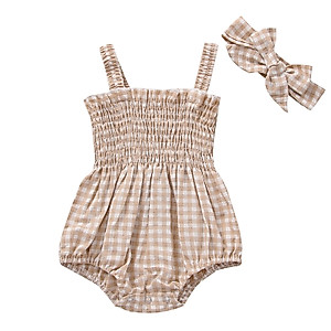 Newborn Baby Girl Bodysuit Sleeveless Halter Frill Romper One-piece Jumpsuit with Headband Summer Clothes Set (Khaki, 3-6 Months)
