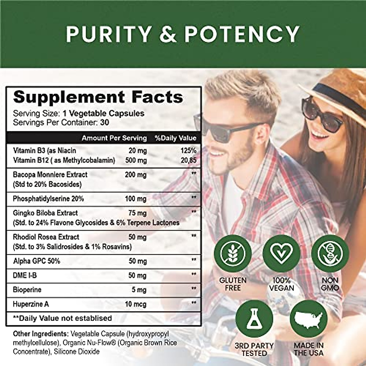 Whole Nature Brain Booster Nootropics - Brain Shield with Ginkgo Biloba, Alpha GPC and Bacopa Monnieri, Vitamin B12, B3 - Support Focus, Memory & Clarity, Energy & Stress Relief. (1)