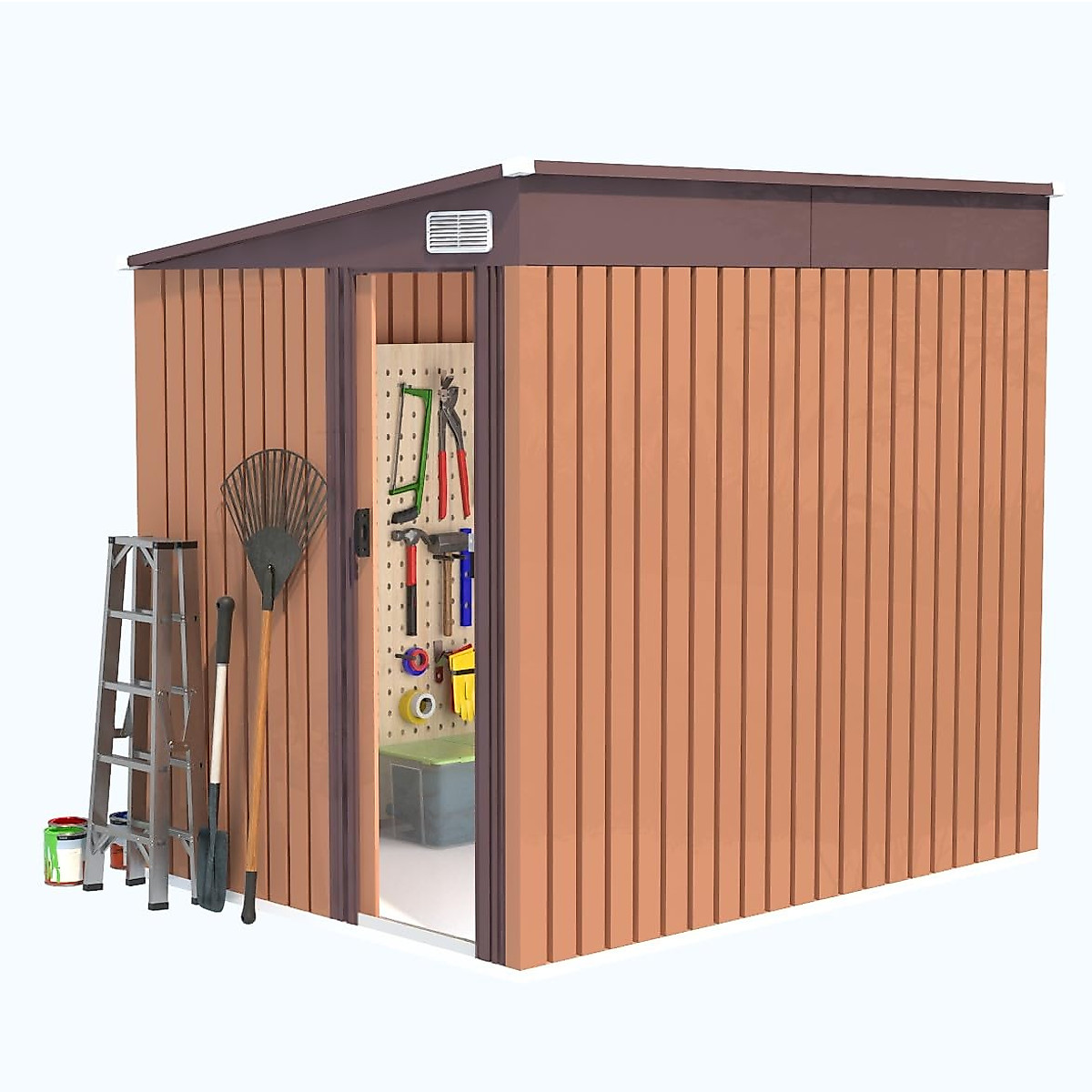 5' x 7' Outdoor Storage Shed, Metal Garden Tool Shed with Lockable Door and Vents, Galvanized Steel Outside Sheds for Backyard, Patio, Lawn, Brown