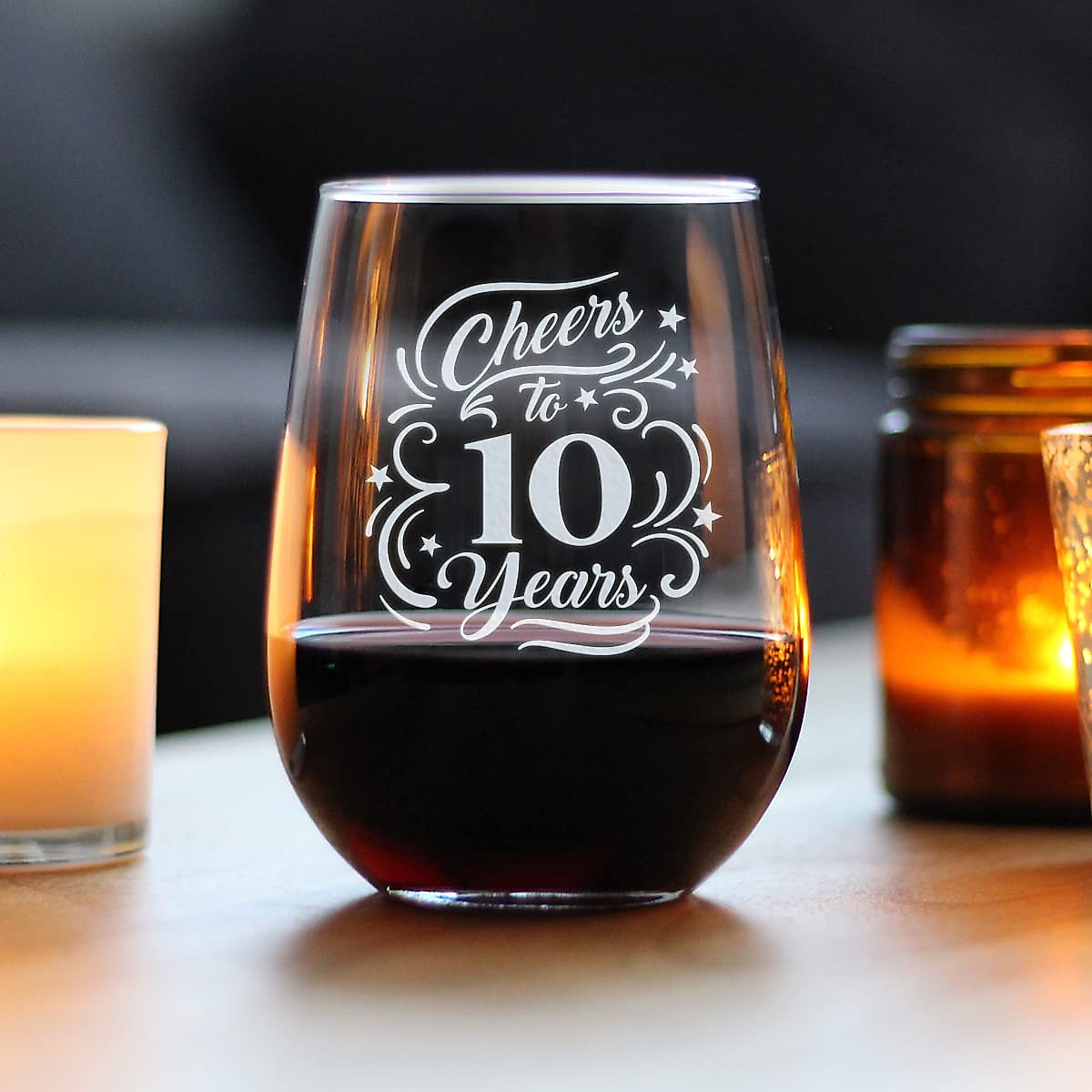 Cheers to 10 Years - Stemless Wine Glass Gifts for Women & Men - 10th Anniversary Party Decor - Large 17 Oz Glass