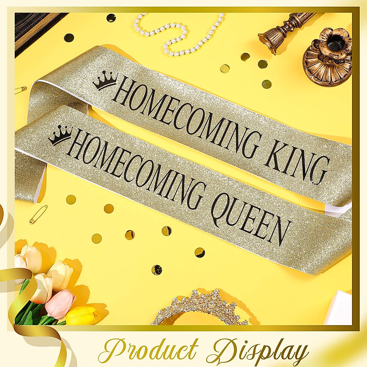 Lyrow 2 pcs "Homecoming King" and "Homecoming Queen" Sashes Homecoming Party Prom Sashes School Party Accessories Printed Belts for Homecoming Dance Party Wedding Bridal Shower Supplies (Gold)