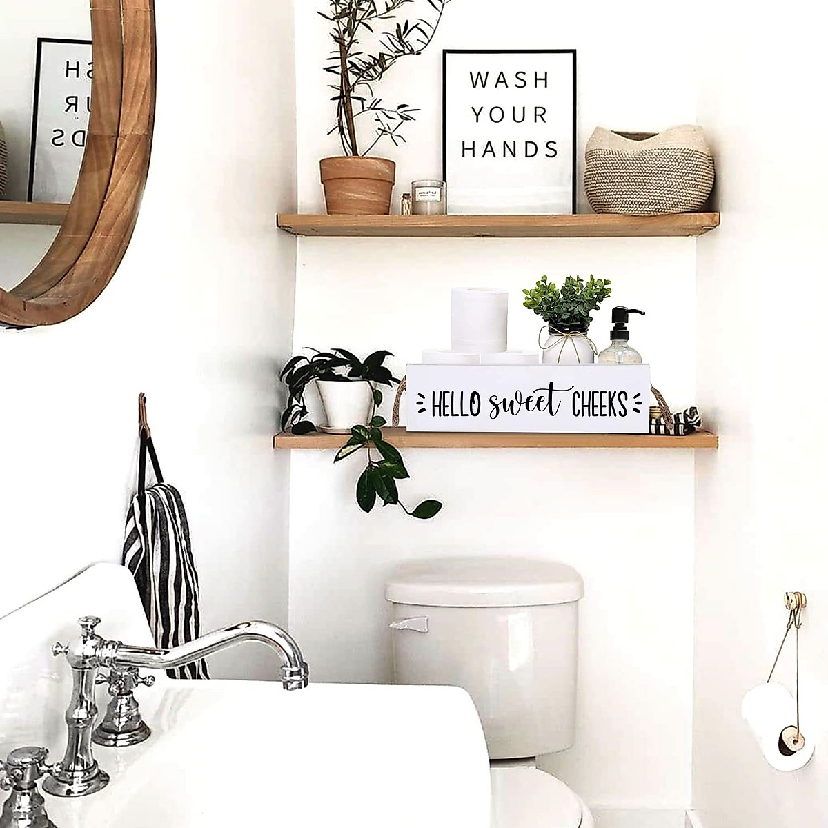 Guokoko Hello Sweet Checks Wooden 2 Sides Bathroom Decor Box Toilet Tank Paper Basket with Rope Handle, Back of Toilet Storage Organizer for Bathroom Tank Topper Counter, White Bathroom Decor Box