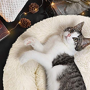 Round Cat Bed Donut Dog Bed, Washable Cuddler Pet Cushion Faux Shag Fur Cat Cot with Bolster and Anti-Slip Base, Self-Warming Plush Cat Den for Kitten, Puppies, Small Medium Size Below 20 Lbs White