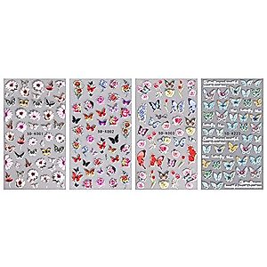 JMEOWIO 3D Embossed Spring Butterfly Flower Nail Art Stickers Decals Self-Adhesive Pegatinas Uñas 5D Colorful Nail Supplies Nail Art Design Decoration Accessories 4 Sheets