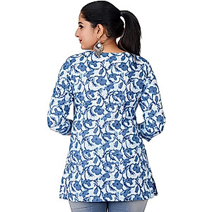 COTTON HTHRANG Indian Women's Tunics Tops, Cotton Hand Block Printed Short Kurti, Shirt, Blouse For Women Royal Blue