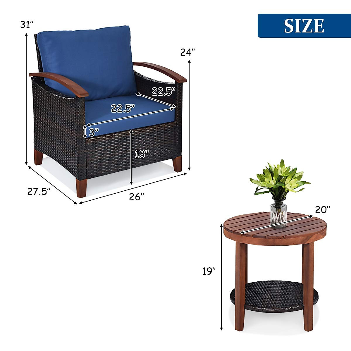Tangkula 3 Pieces Patio Furniture Set, Outdoor Rattan Sofa and Side Table w/Solid Acacia Wood Frame, High Load Bearing Conversation Bistro Set w/Washable and Removable Cushions (Navy Blue)