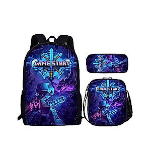WASHLA Game Cartoon Backpack, Anime Casual Backpack Travel 16 Inch Backpack with Lunch Box Pencil Case 3pcs Blue