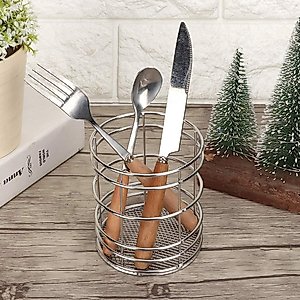 AUNMAS Desktop Pencil Holder, Stainless Steel Hollow Round Makeup Cup Basket Chopsticks Storage Stand Knife Forks Holder Organizer Container, Multifunctional Household Tool, Sliver