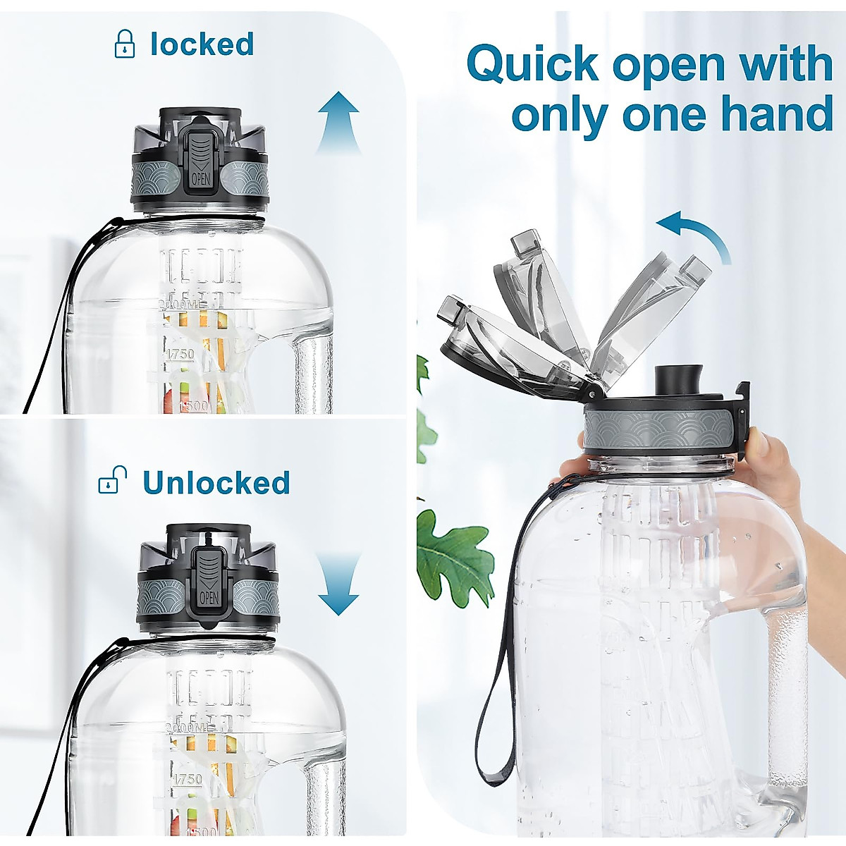 UTEBIT 74 OZ Fruit Infuser Water Bottle, Half Gallon Insulated Sports Water Bottle With Straw, 2.2L BPA Free Leak Proof Tritan Large Water Jug with Strap for Gym, Camping, Travel, Outdoor