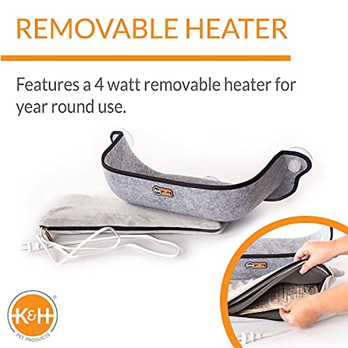 K&H PET PRODUCTS EZ Mount Thermo-Kitty Sill Heated Window Cat Bed, Heated Cat Hammock for Large Cats Extra-Deep Cat Perch Gray 27" X 10" X 11"