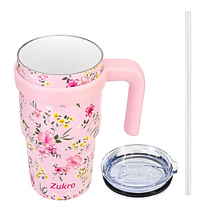 Zukro 20 oz Insulated Tumbler With Handle, Ceramic Interior Coating, No Metallic Aftertaste, Vacuum Stainless Steel Travel Coffee Cup with Lid and Straw, BPA Free, No Sweat, Floral Pink