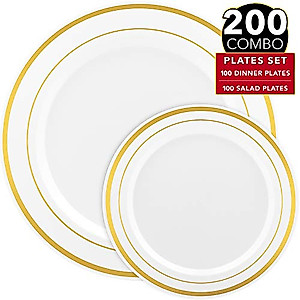 Prestee 200pc Gold Plastic Plates - 100 Dinner Plates & 100 Salad Plates, White + Gold-Rimmed Plastic Plates, Gold Plates Disposable Plastic Party Plates - Dessert, Appetizer, Holiday, Wedding Plates