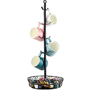 Coffee Mug Holder Stand with 8 Rotatable Hooks, Capsule Storage, Multipurpose Mug Holder, Coffee Station Organizer, Mug Tree for Kitchens, Offices, Parties & More, Black, 10.2(L)x10.2 (W)x24.4(H)inch