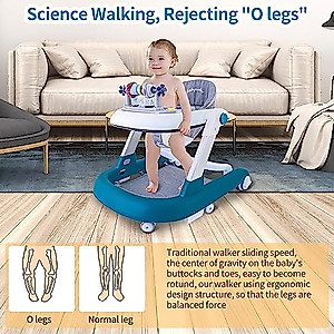 Foldable Baby Walker, 3 in 1 Toddler Walker Bouncer, Learning-Seated, Walk-Behind, Music, Adjustable Height, High Back Padded Seat, Detachable Trampoline Mat, Activity Walker with Toys (Blue)