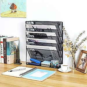 PAG Hanging Wall File Holder Mail Sorter Magazine Rack Office Supplies Metal Mesh Desk Organizer, 6 Tier, Black
