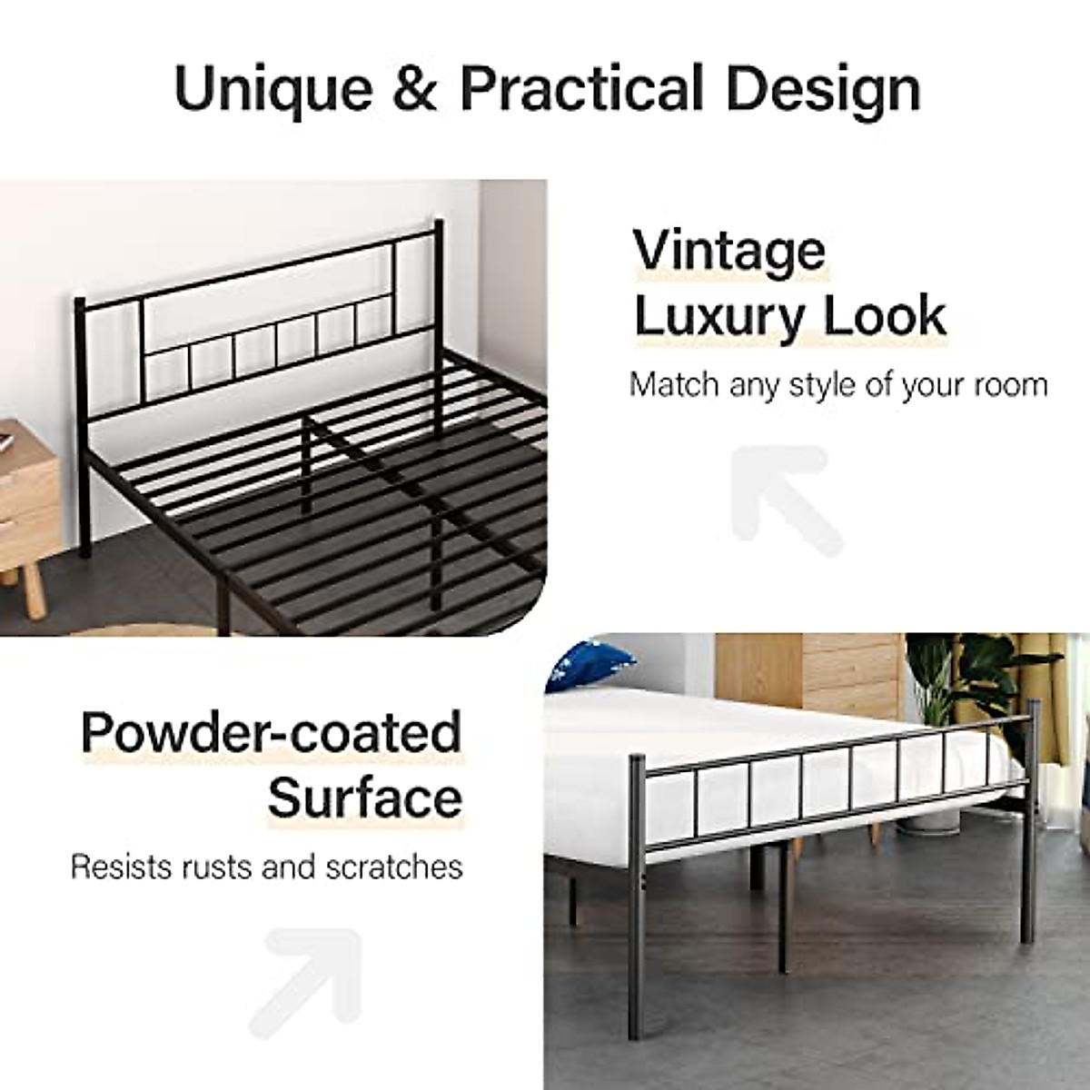 Metal Platform Bed Frame Queen Mattress Foundation Heavy-Duty Steel Slat Noise-Free Support with Headboard & Foot Board NO Boxing Spring Needed Under-Bed Storage Easy Assembly, Queen