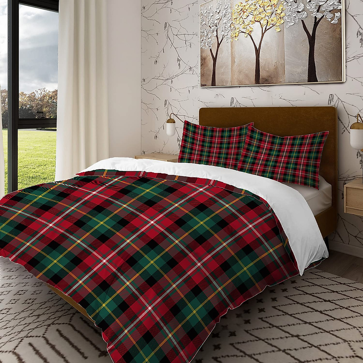 Batmerry Christmas Plaid Tartan Queen Size 3 Pieces Bedding Comforter Cover Sets,Soft Fluffy Red Abstract Black Fashion Geometric Pattern Printed Duvet Cover for All Season