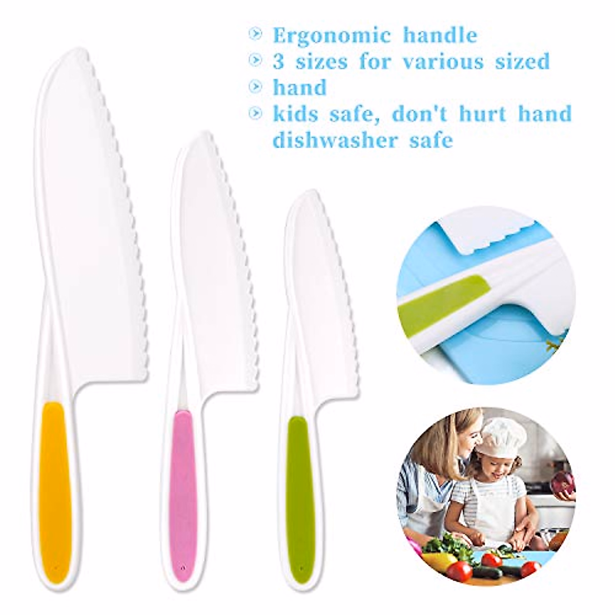 LEEFE 3 Pieces Kids Knife Set for Cooking, with Cutting Board, Safe Lettuce and Salad Knives, Kids Cooking Utensils in 3 Sizes & Colors, Serrated Edges, Plastic Safe Kitchen Knife