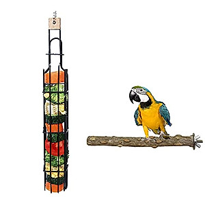 alfyng 2pc Bird Parrot Fruit Basket and Wooden Bird Perch Stand, Bird Food Holder, Parrot Hanging Metal Birdcage Vegetable Fruit Treat Feeder, Foraging Feeding Tool for Medium Large Parrot