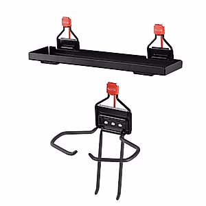 Rubbermaid Outdoor Metal Backyard Storage Accessories Shelf, Black and Rubbermaid Storage Shed Mounted Power Tool Holder Accessory