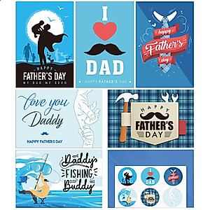Whaline 24 Pack Father's Day Greeting Cards Happy Father's Day Note Cards with Blue Envelopes & Stickers I Love Dad Gift Blank Cards for Father's Day Birthday Party Supplies, 4 x 6 Inch, 6 Design