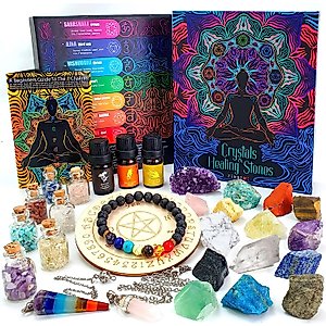 Crystals and Healing Stones Set 31Pcs - Healing Crystals & Stones - 14 Real Raw Chakra Rocks, 7 Gemstones Bottles, 3 Essential Oils,Pendant Necklace, Pendulum Board, Amethyst Cluster, Bracelet & Guide