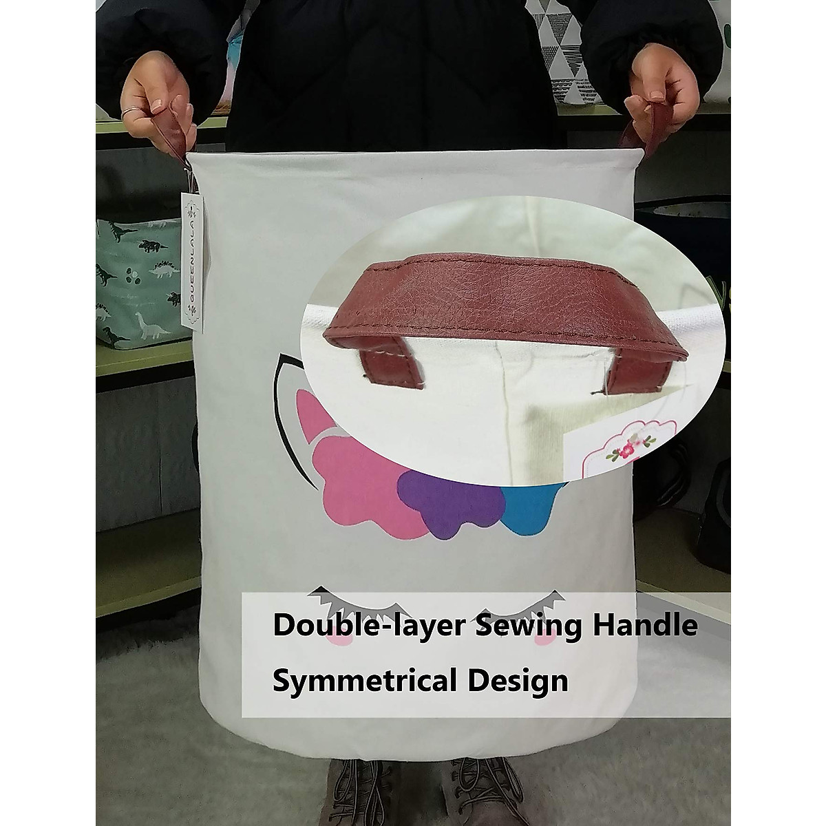 QUEENLALA Large Storage Basket,Laundry Hamper/Bathroom/Home Decor/Collapsible Round Storage Bin,Boys and Girls Hamper/Boxes/Clothing（Golden Unicorn）