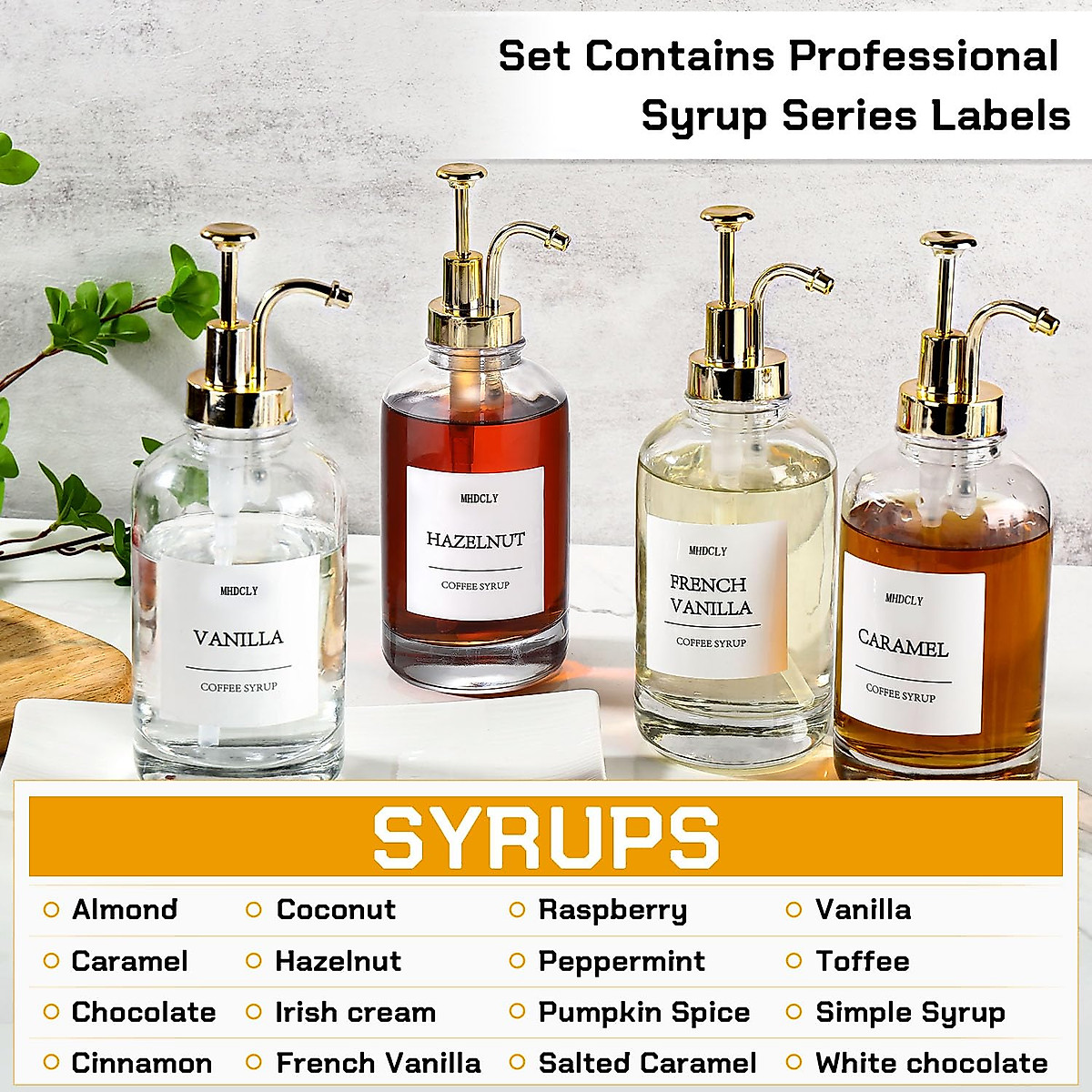 MHDCLY Coffee Bar Accessories, Coffee Syrup Dispenser - 4pack,16.9oz Syrup Dispenser with Labels,Syrup Pump Dispenser for Coffee Bar(Gold pump)