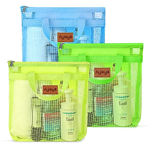 3 Pcs Portable Mesh Shower Caddy Tote, Quick Dry Tote Bag Mesh Beach Bags for Women, Hanging Toiletry and Bath Organizer for Travel Swimming Sports Gym Camp Shopping College Dorms (Blue Green Yellow)