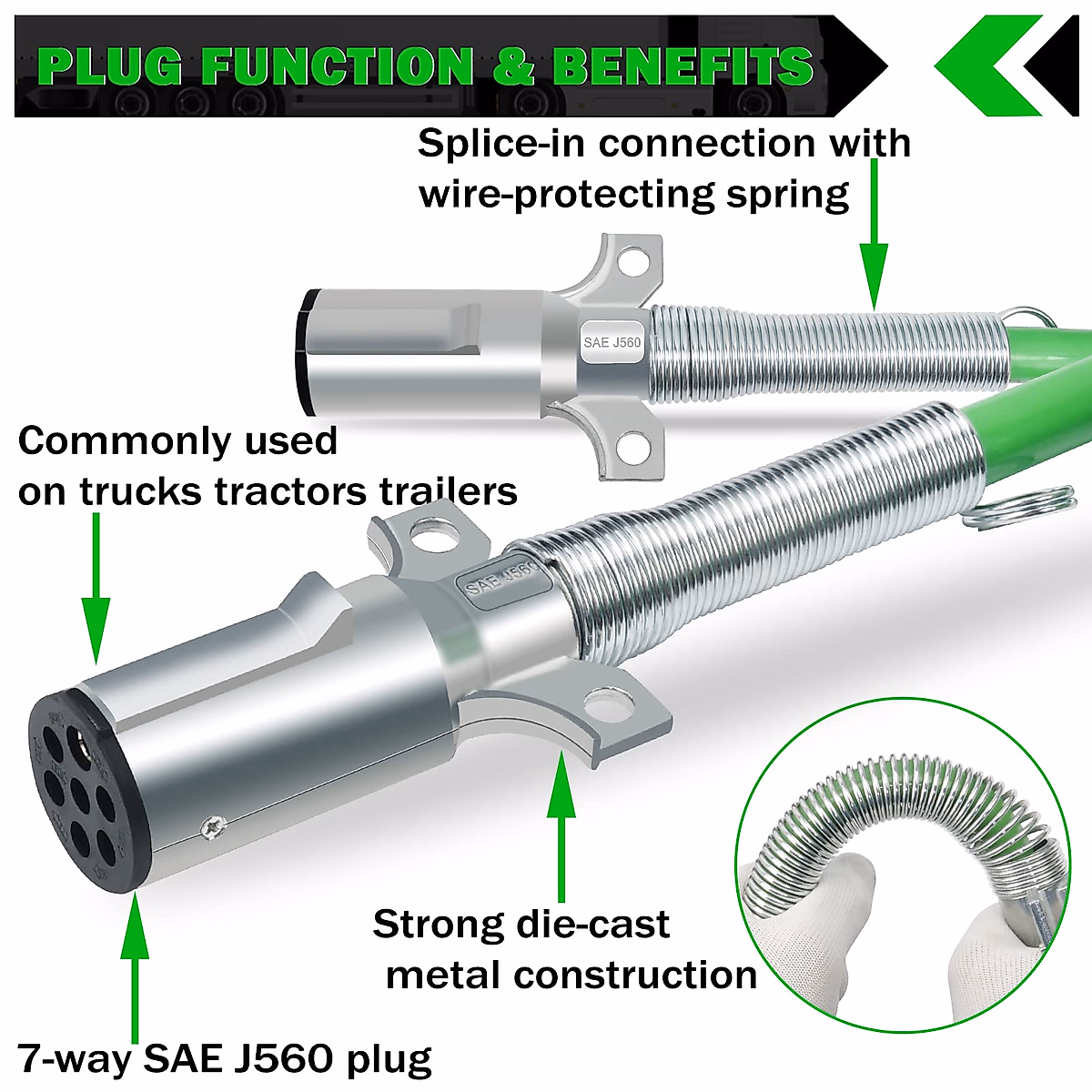 CheeMuii 2 Pack 7 Way Trailer Cord 12 FT ABS Electrical Power Cord Heavy Duty Green Straight Power Wire Cable for Semi Trucks Trailers Tractors