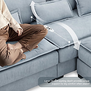 DEINPPA Sectional Sofa with Bentwood Armrests, Modern Deep Seat Sofa Couch with Ottoman, Tech Cloth Upholstered Sleeper Sofa, Comfy Furniture for Living Room, Apartment, Studio, Office-Blue