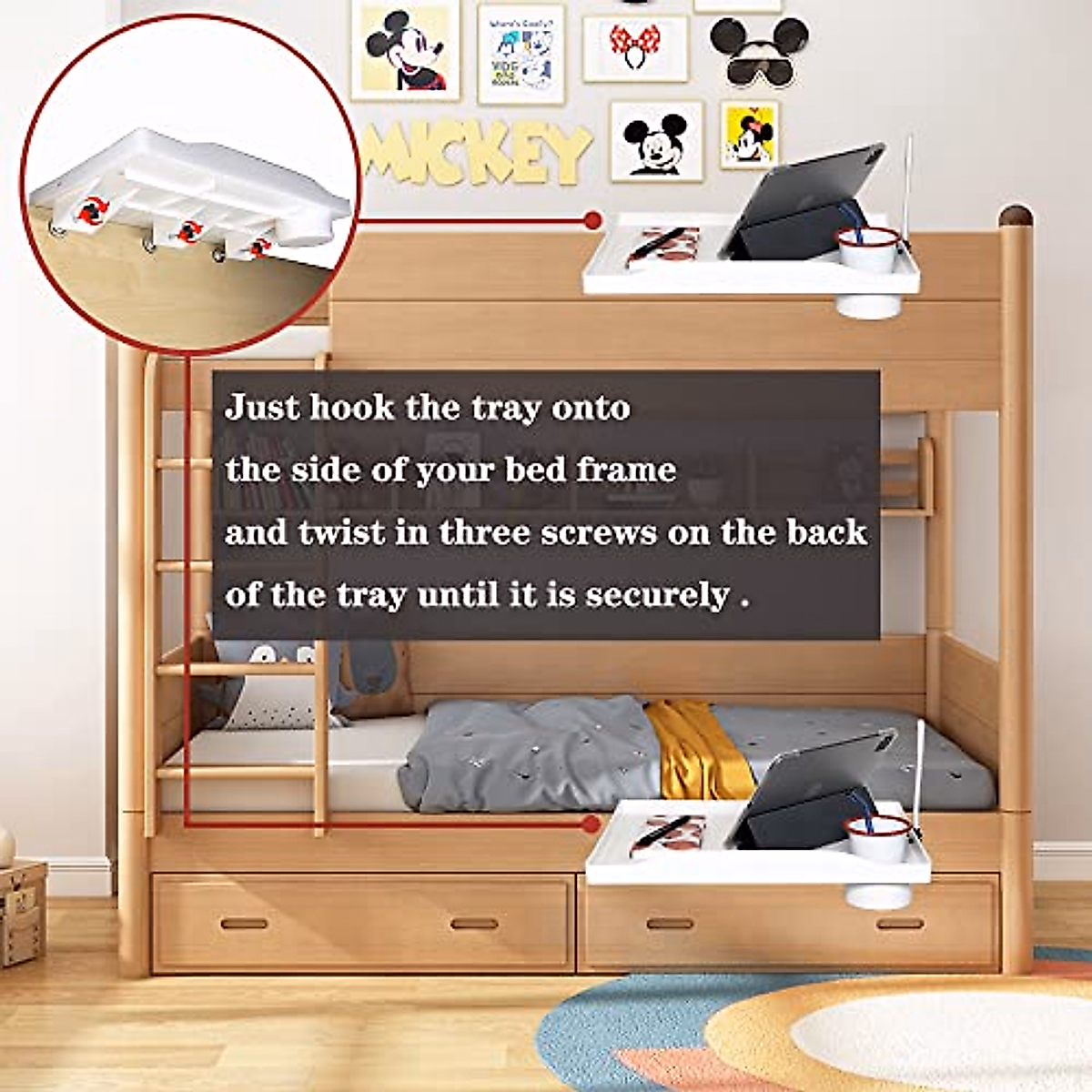 Bedside Shelf, Bunk Bed Shelf Organizer for Top Bunk Dorm Clip On Nightstand with Cup Holder Hooks Hanging Cup Plastic Bedside Shelf Tray for Kids for Bed College Dorm Room Essentials