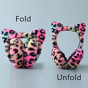 LUCKYBUNNY Girls Leopard Faux Fur Earmuffs Ear Warmers Winter Warm Plush Ear Covers for Indoor and Outdoor (Foldable Style- Leopard B)