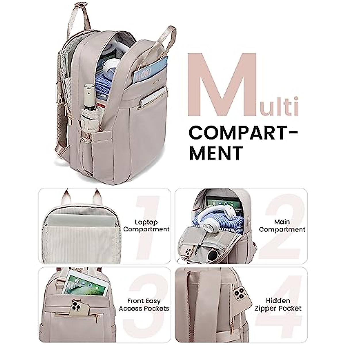 LOVEVOOK Laptop Backpack for Women 17 Inch Travel Backpack Purse, Work Business Computer Bag with USB Port, Large Capacity Waterproof Travel Bags Casual Daypacks, Light Dusty Pink