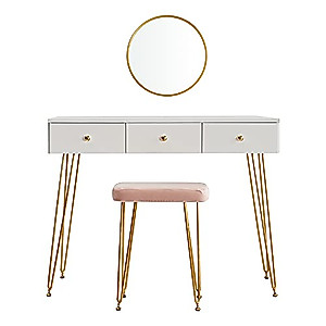 White Dressing Table Bedroom Vanity Table Chair Set with Cushioned Stool Wall Mount Mirror 3 Drawers Gold Hairpin Legs Makeup Table