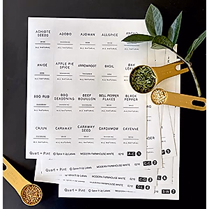 Quart + Pint 140 Glossy Spice Jar Labels: Minimalist White Sticker Black Text. Waterproof Stickers. Organization for Jars Bottles Containers Bins. Storage Rack Systems for Kitchen & Pantry Labels.