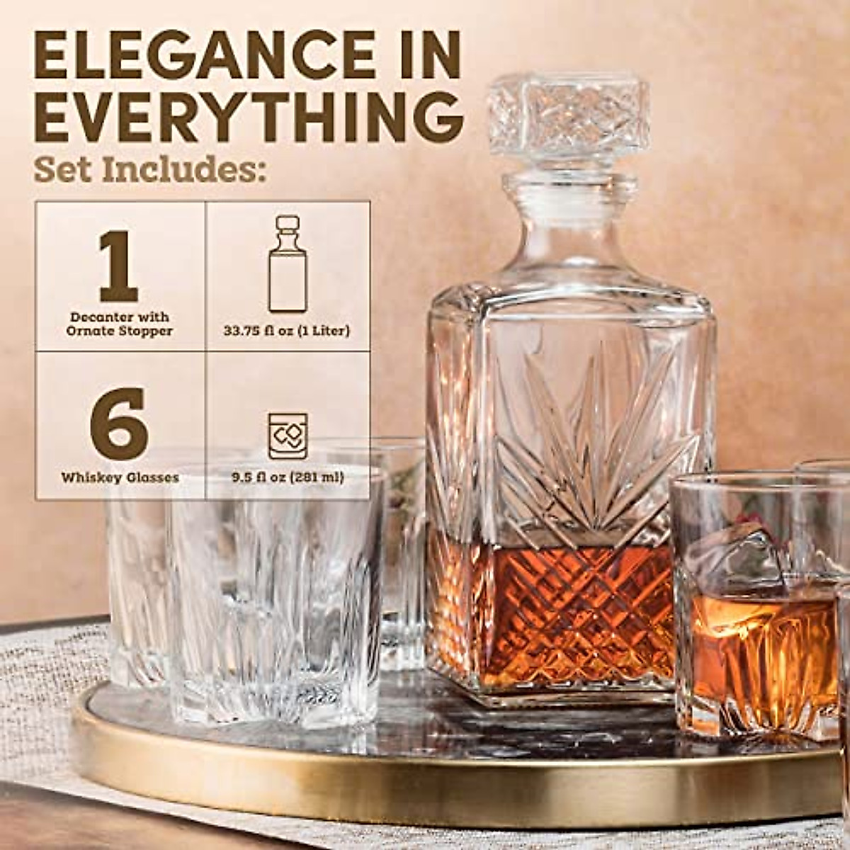 Paksh Novelty Whiskey Decanter Set - 7-Piece Italian Crafted Glass Decanter & Whiskey Glasses Set - Holiday Whiskey Gifts for Men and Women w/ Ornate Stopper and 6 Cocktail Glasses, Red