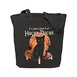 GXVUIS It's Just A Bunch Of Hocus Pocus Canvas Tote Bag for Women Halloween Black Cat Graphic Reusable Grocery Shopping Bags Black