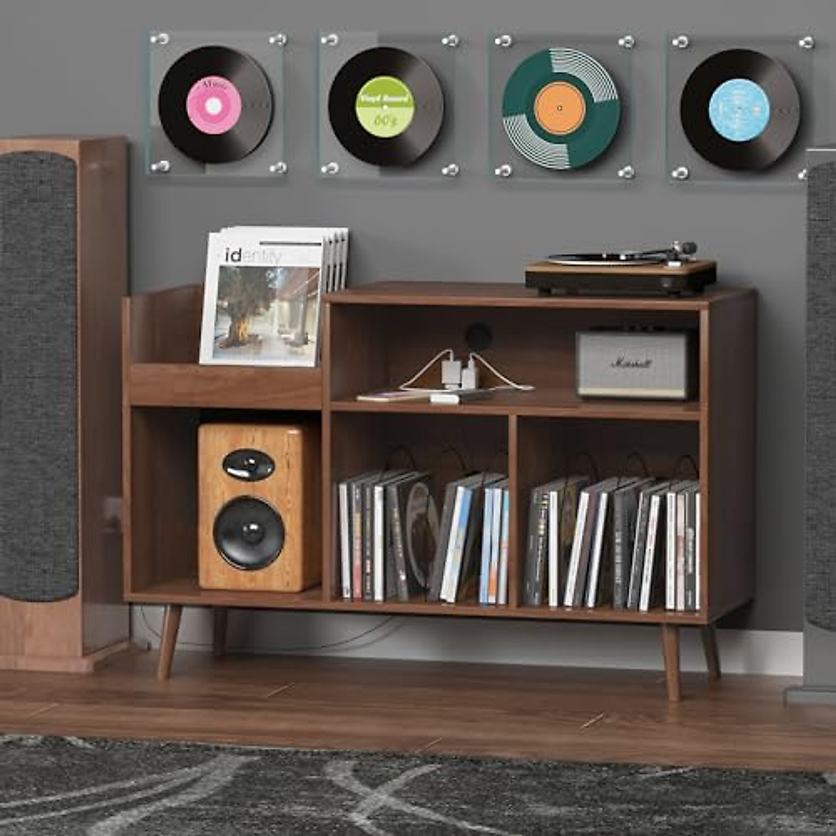 Furtivusia Mid Century Modern Record Player Stand with Power Outlet - Holds up to 350 Albums, Vinyl Record Storage Cabinet and Turntable Stand