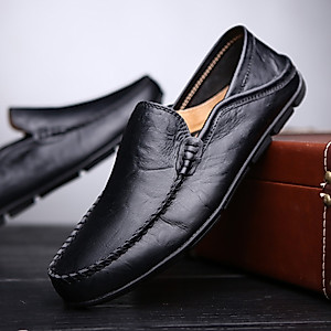 Go Tour Men's Premium Genuine Leather Casual Slip On Loafers Breathable Driving Shoes Fashion Slipper Black 12/49