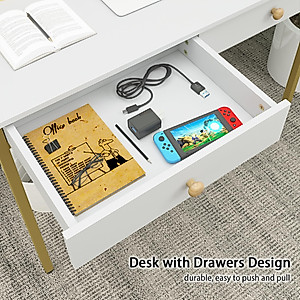 Weehom Computer Desk with Drawers, Home Office Desk for Writing, Studying, and Gaming - Sturdy and Spacious Workstation for PC and Laptop(White and Gold)