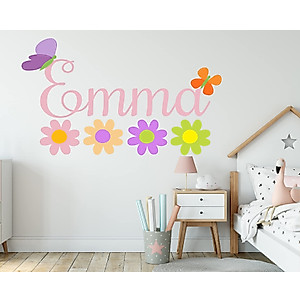 Custom Name Flowers Wall Decal - Personalized Name Butterfly Decor - Daisy Wall Decal Peel and Stick - Pastel Flowers - Girls Flowers Wall Stickers - Wall Decal for Home Nursery Bedroom Decoration