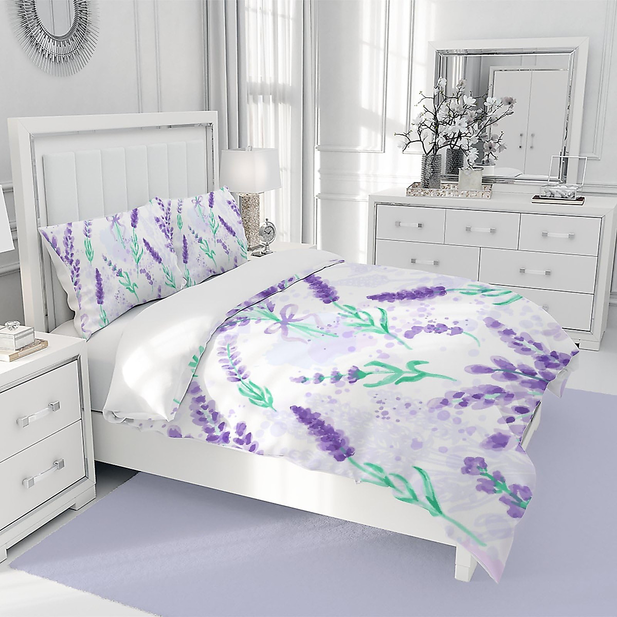 Vantaso Bedding Duvet Cover Set Twin Size Lavender Floral Flowers Purple Leaves 2 Piece Set 1 Quilt Cover and 1 Pillow Case Sham for Kid Boy Girl Women Men