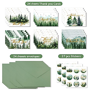 Konsait 24 Sheets Green Forest Thank You Cards with Envelopes, 6 Designs Watercolor Cards Pines Woodland Thank You Cards 4 x 6 in Thank You Cards Thank You Notes for Bridal Shower Wedding Baby Shower