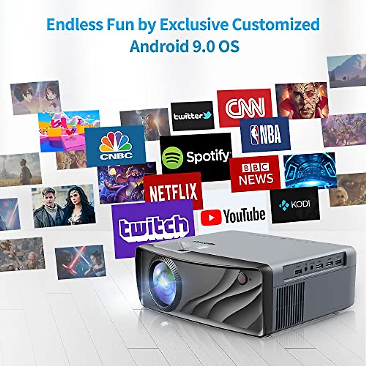 Portable 4K 5G WiFi Projector Native 1080P Bluetooth Projector with Android 9.0 OS 40% Zoom 4D/4P Keystone Correction,Home Cinema Smart Movie Projector Compatible with Smartphone Tablet PC TV Stick