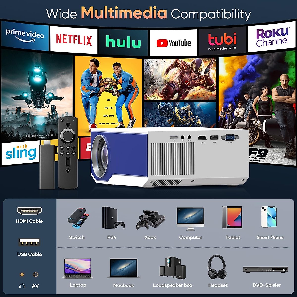 Projector with Wifi and Bluetooth, Native 1080P 4K Supported 12000LM Mini Portable Outdoor Movie Projector 300" Display, Video Projector With Tripod Screen, Compatible with Phone/iOS/Android/TV Stick